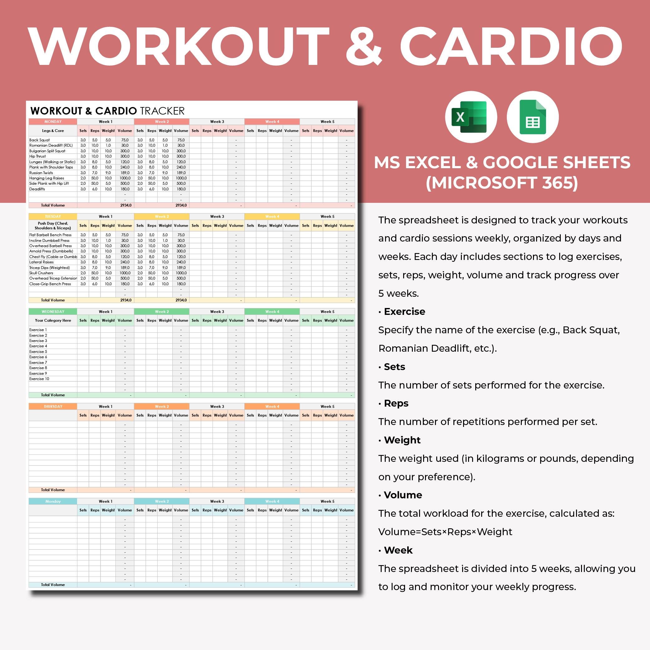 Workout & Cardio Program Tracker Spreadsheet for Excel Google Sheets ...