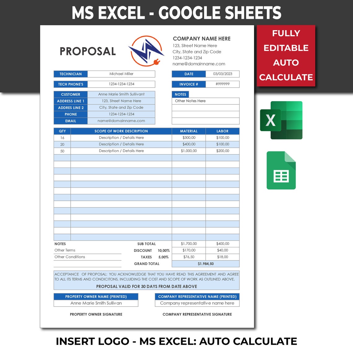 Electrical Estimate Proposal Template in Excel. Electrical Contractor ...