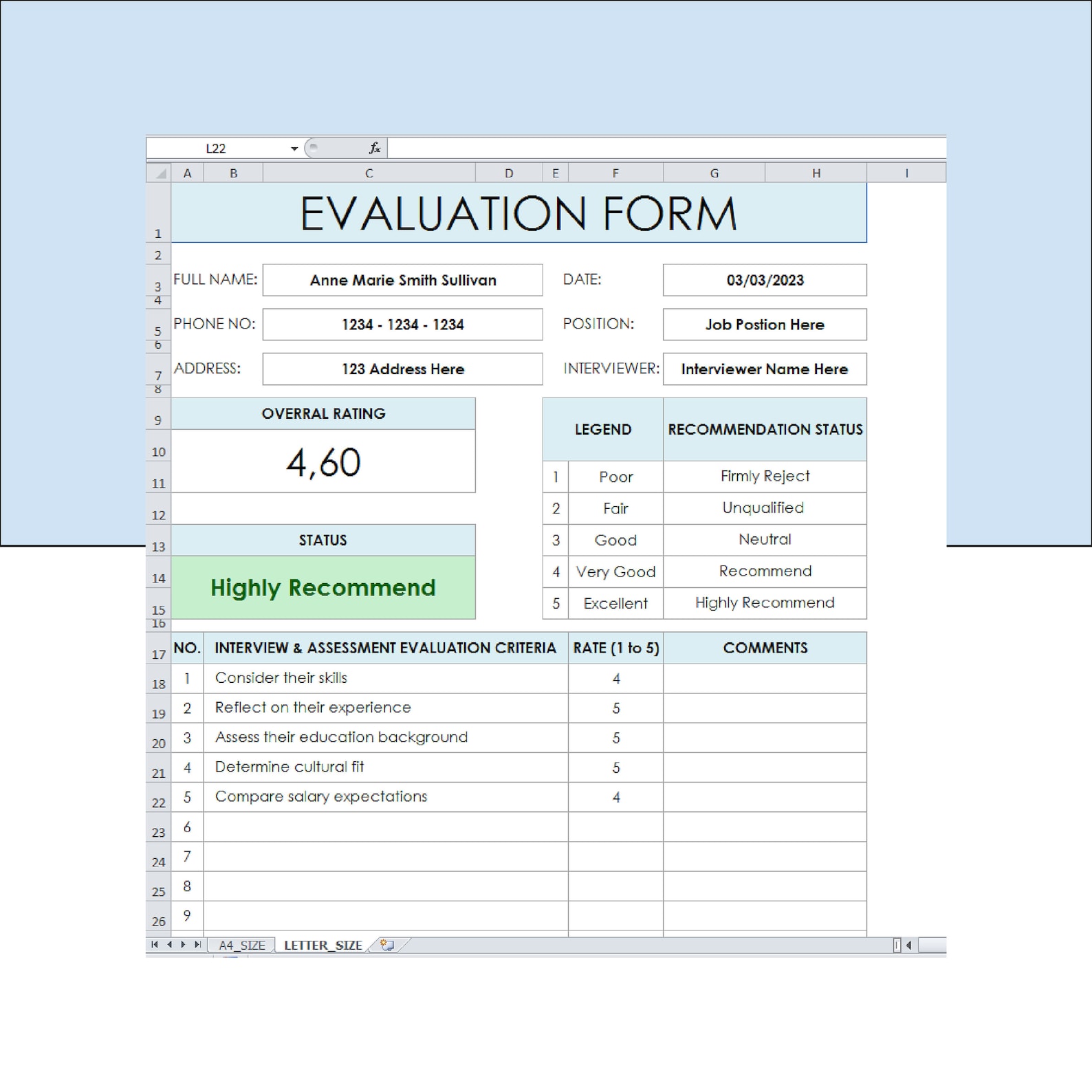 Evaluation Form Spreadsheet Template. Performance Evaluation Form ...