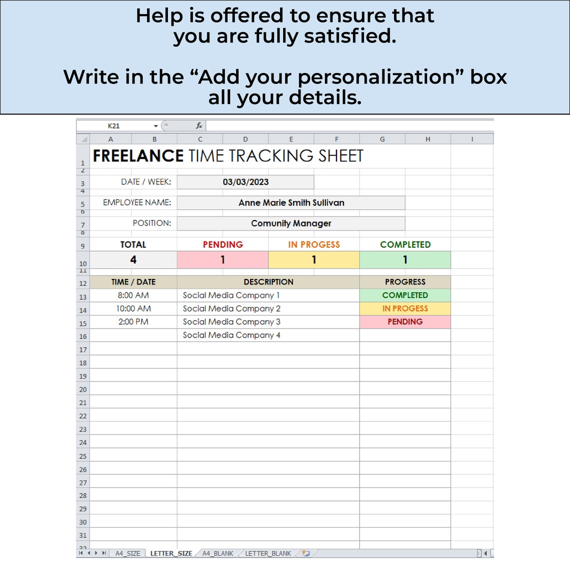 Freelance Work Timesheet Template, Time Tracking Sheet for Freelancers, Excel Spreadsheet for ...