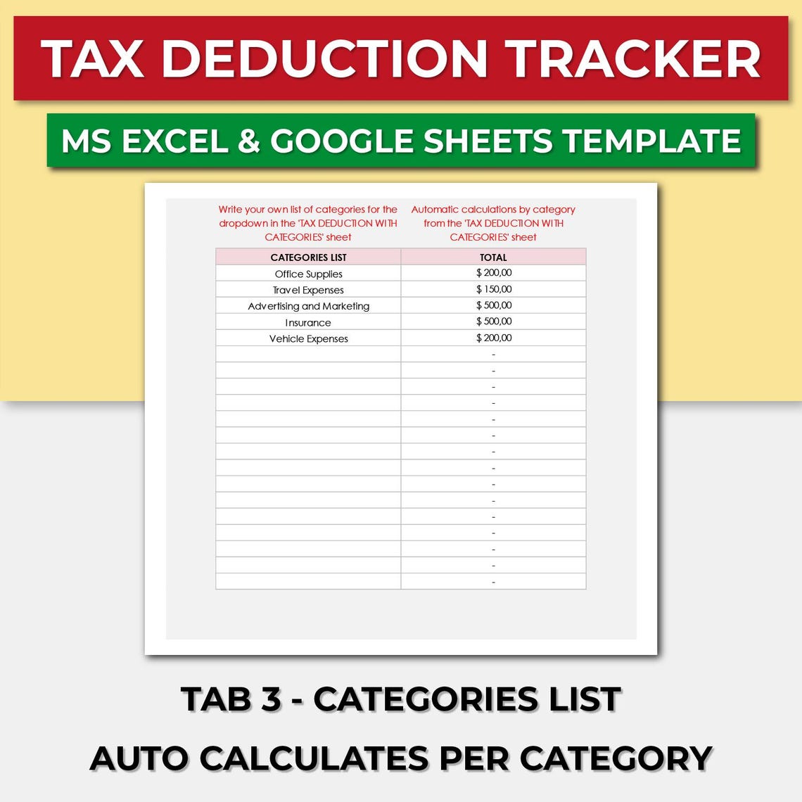 Tax Deduction Tracker Spreadsheet Template. Small Business Tax ...
