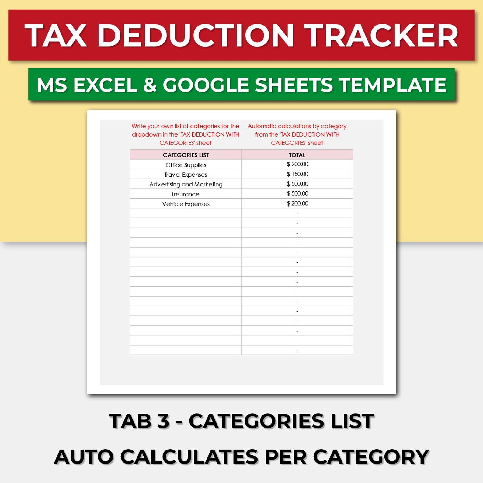 Tax Deduction Tracker Spreadsheet Template. Small Business Tax ...