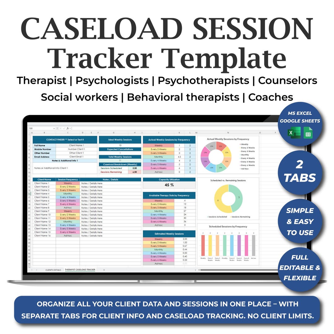 Excel Therapist Caseload Tracker Template, Therapy Client Tracker ...