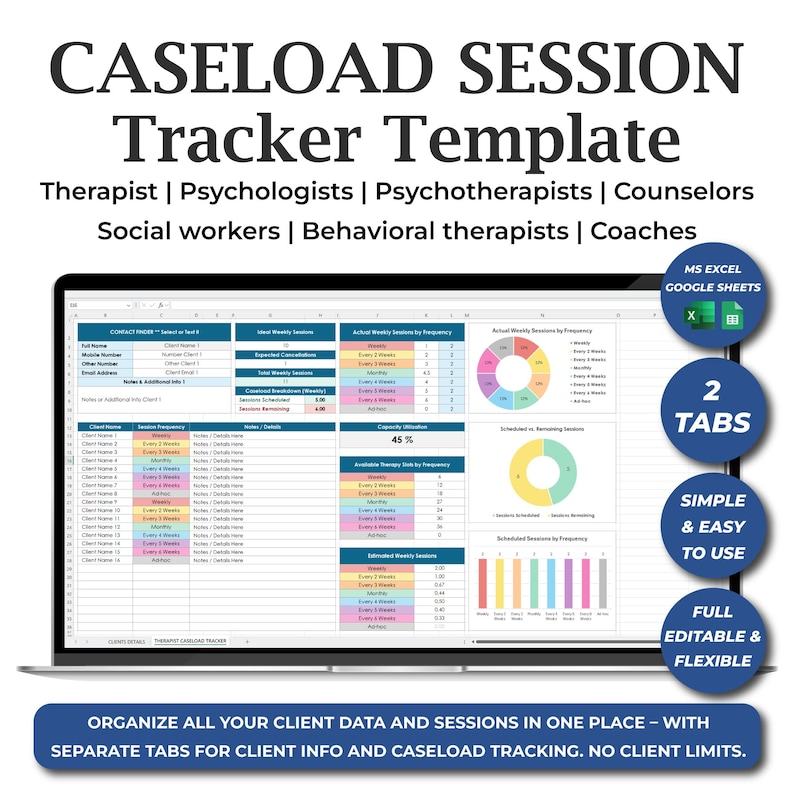 Excel Therapist Caseload Tracker Template, Therapy Client Tracker ...
