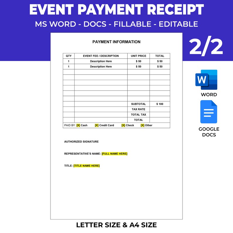 Event Payment Receipt Form, Event Payment Record Template, Printable ...