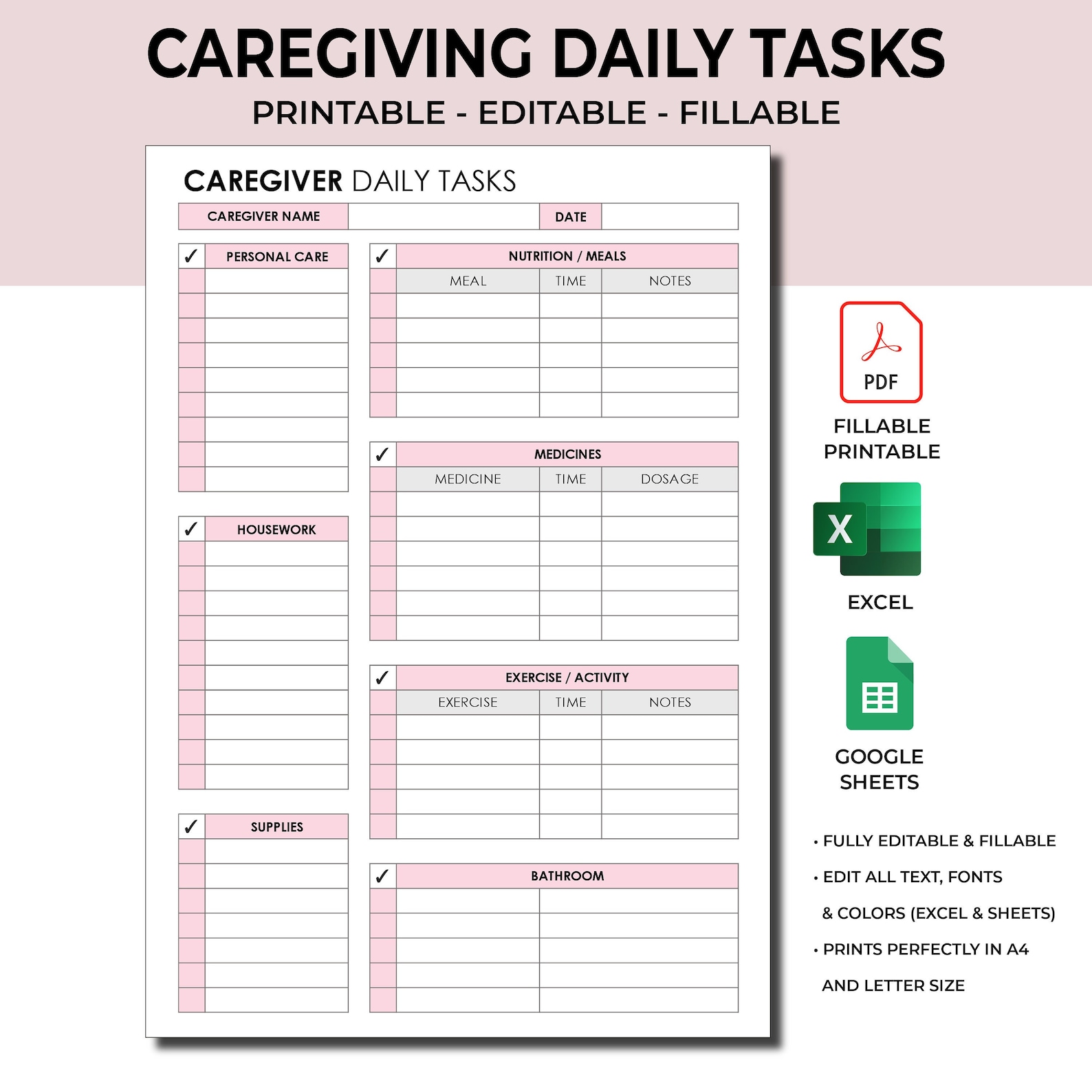 Caregiving Daily Tasks Log Template. Elderly Care Caregiving Checklist ...