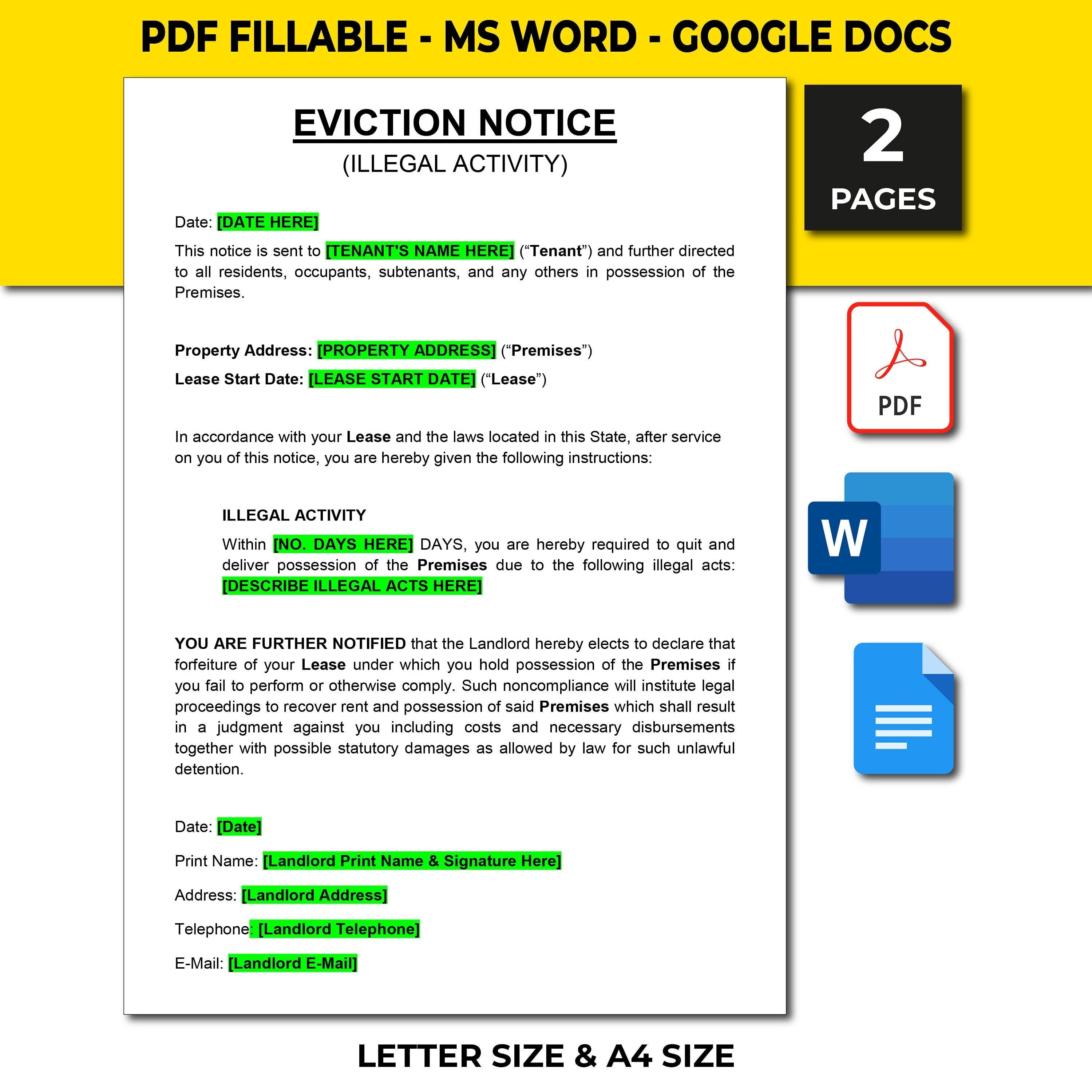 Eviction Notice Template Illegal Activity, Notice to Quit Illegal ...