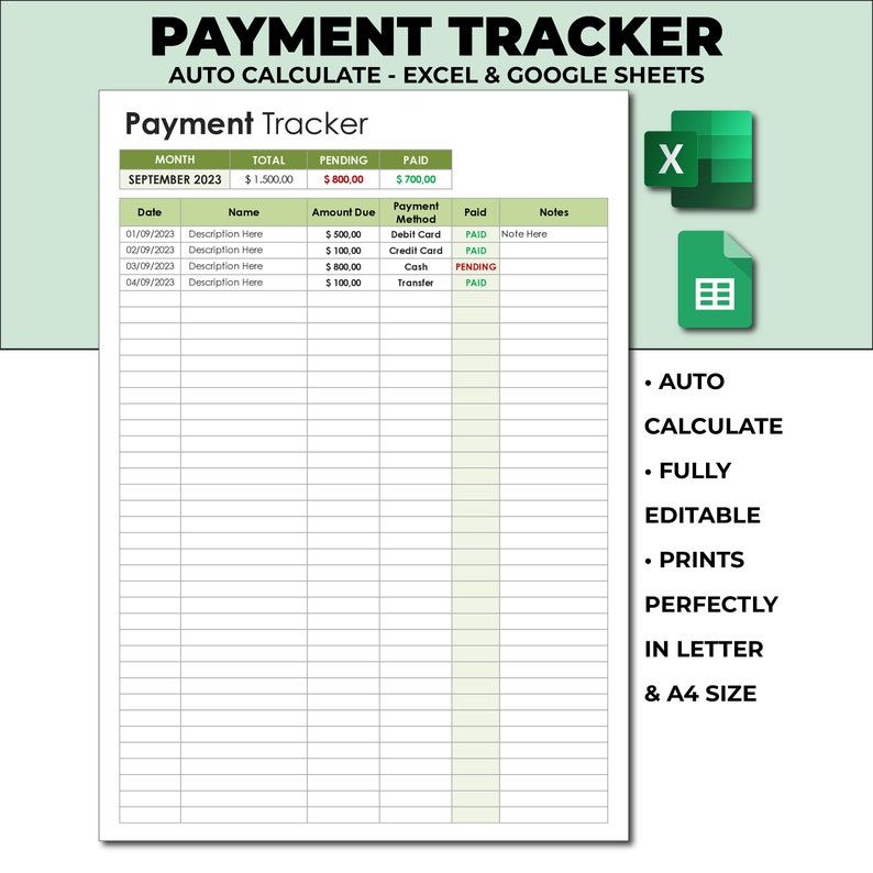 Payment Tracker Spreadsheet Template. Printable Client Payment History ...