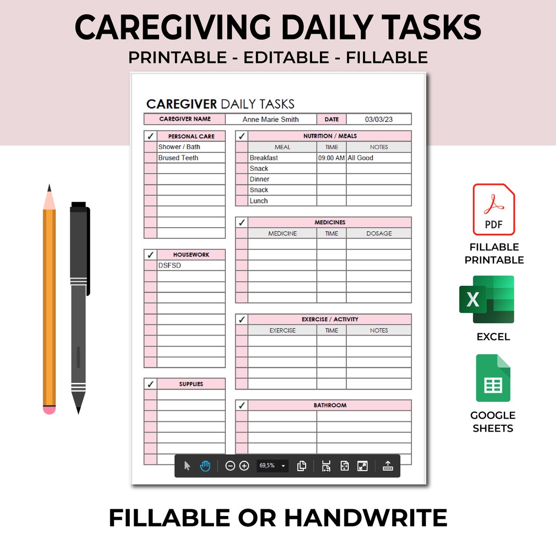 Caregiving Daily Tasks Log Template. Elderly Care Caregiving Checklist ...