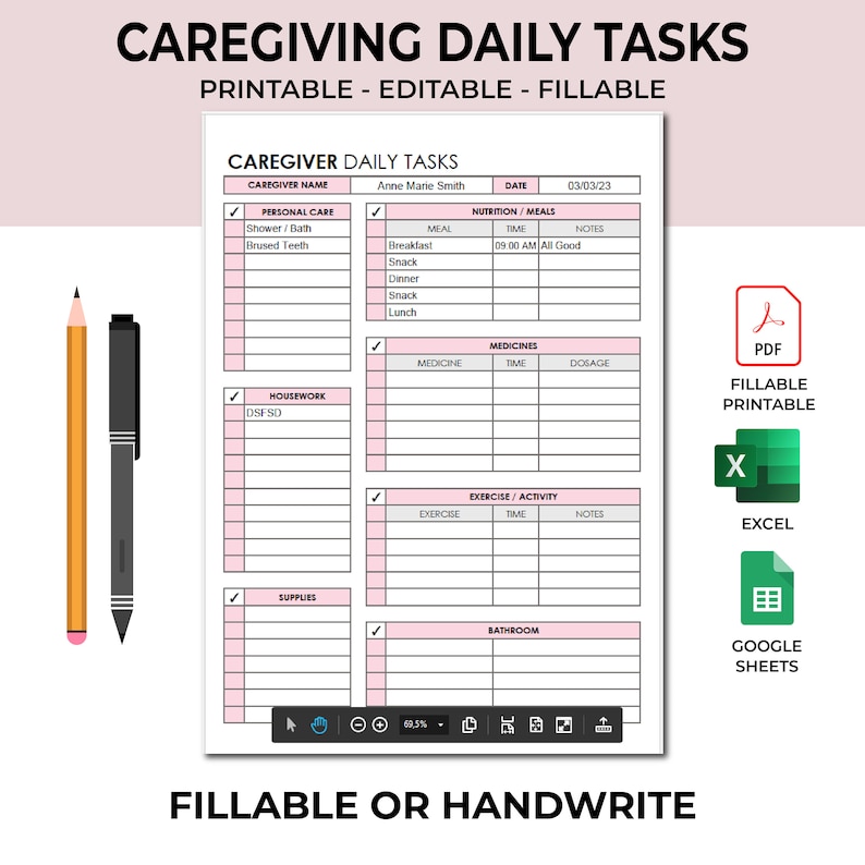 Caregiving Daily Tasks Log Template. Elderly Care Caregiving Checklist ...