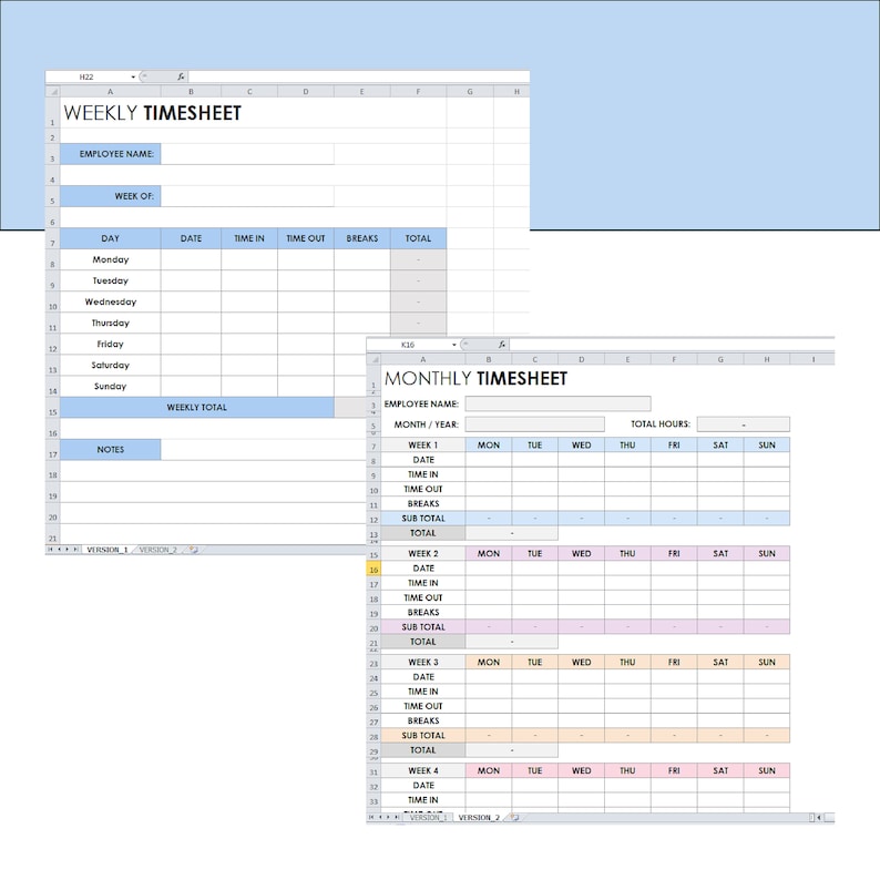 Printable Employee Time Sheet. Weekly Time Tracker Spreadsheet Template. Mothly Employee ...