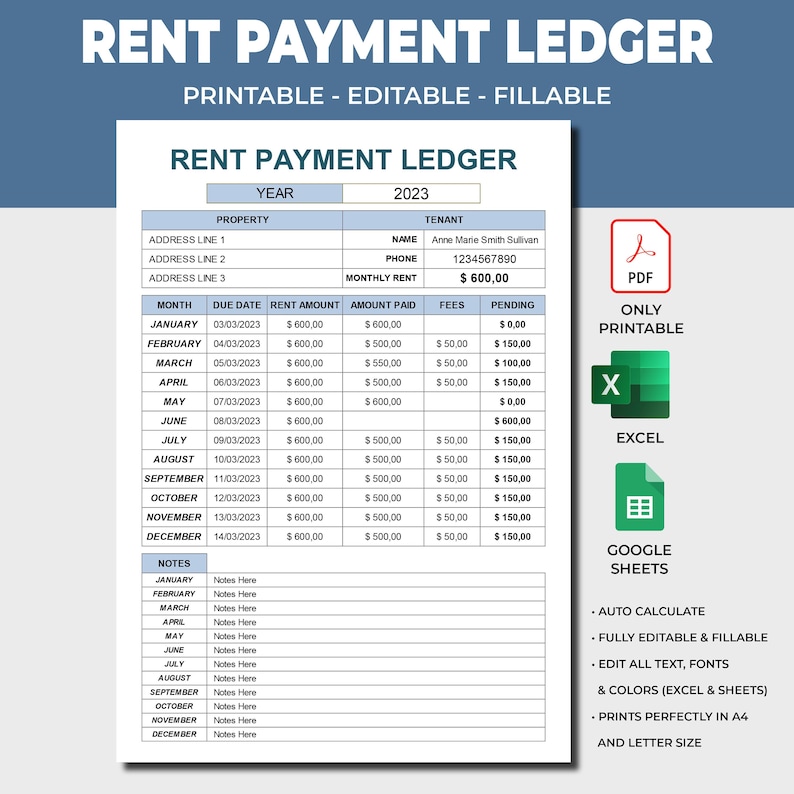 Rent Payment Ledger. PDF Printable Rent Payment Tracker. Rental Payment ...