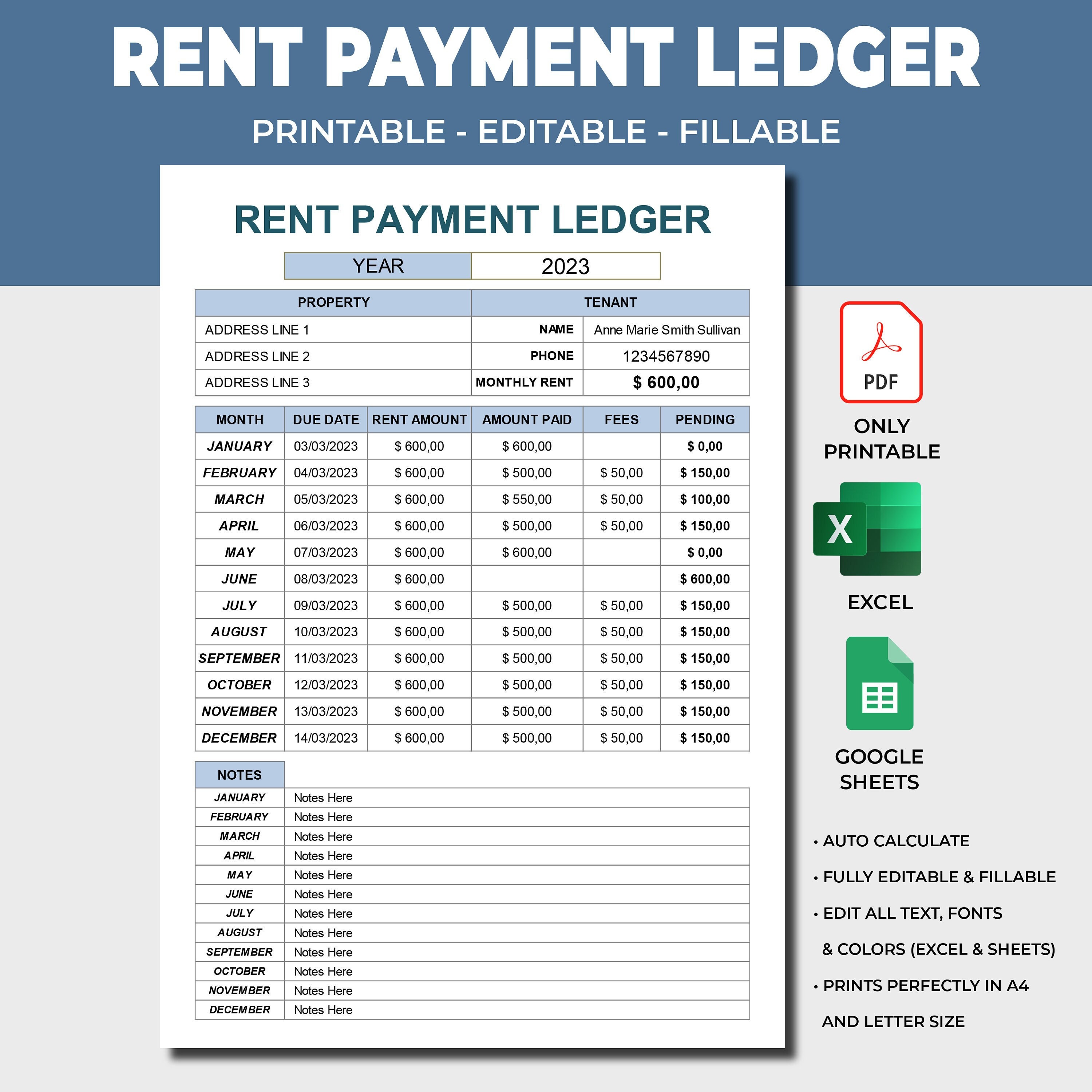 Rent Payment Ledger. PDF Printable Rent Payment Tracker. Rental Payment ...