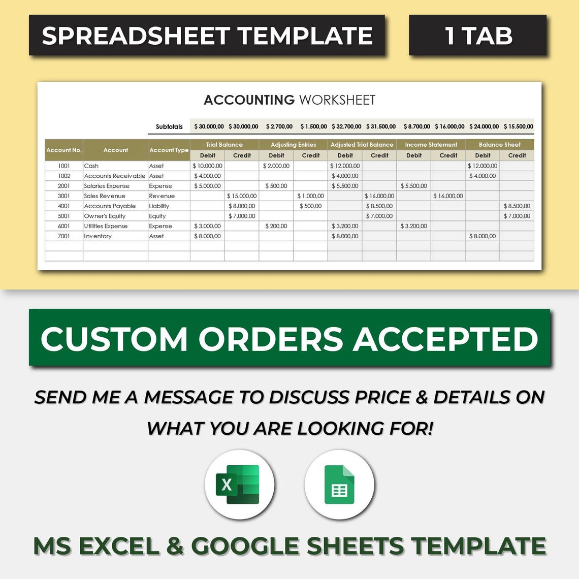 Accounting Worksheet Spreadsheet Template. Balance Sheet: Assets ...