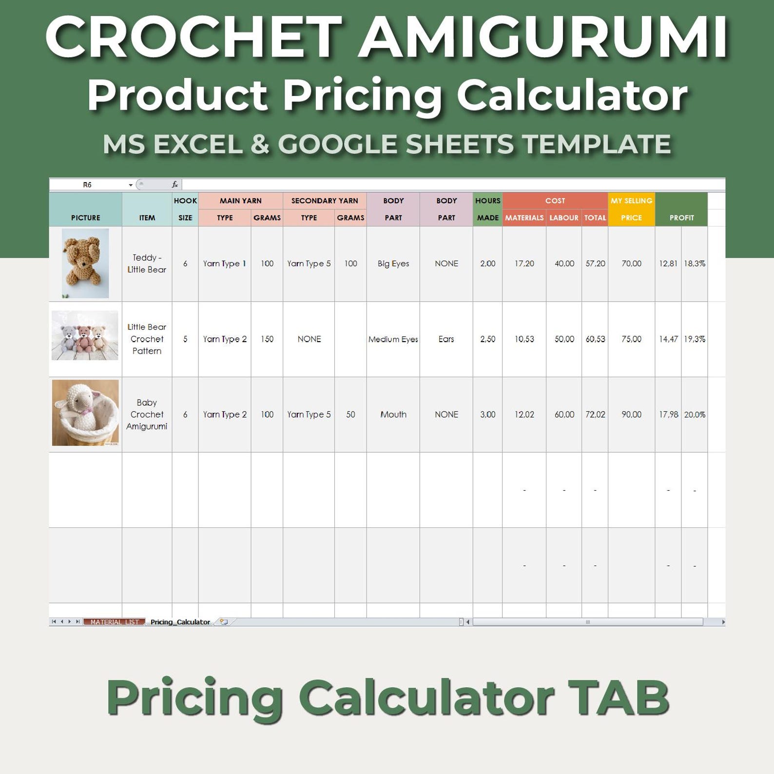 Crochet Amigurumi Pricing Spreadsheet Template. Google Sheets & Excel ...