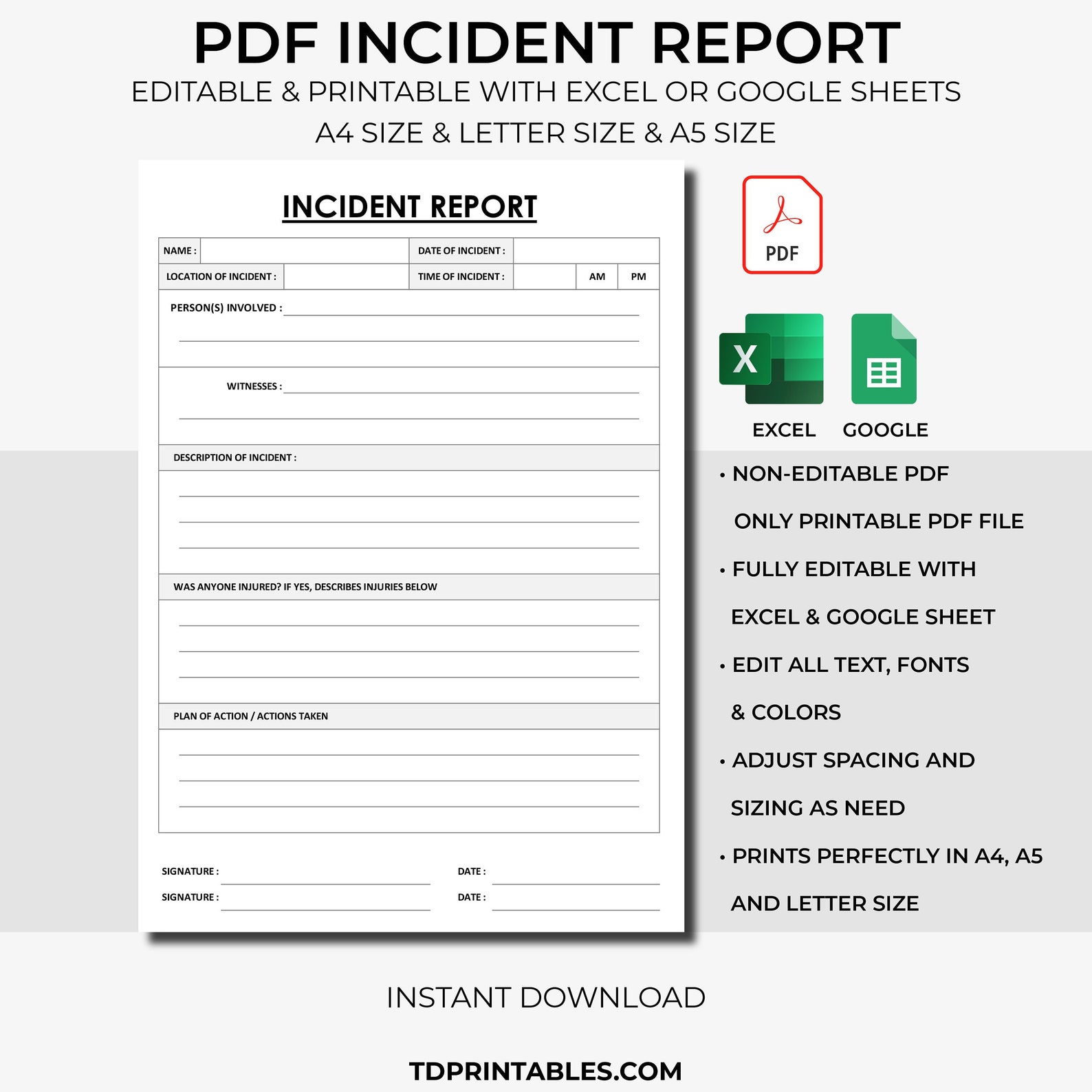 Printable Incident Report, Business Report,incident Log Sheet Report ...