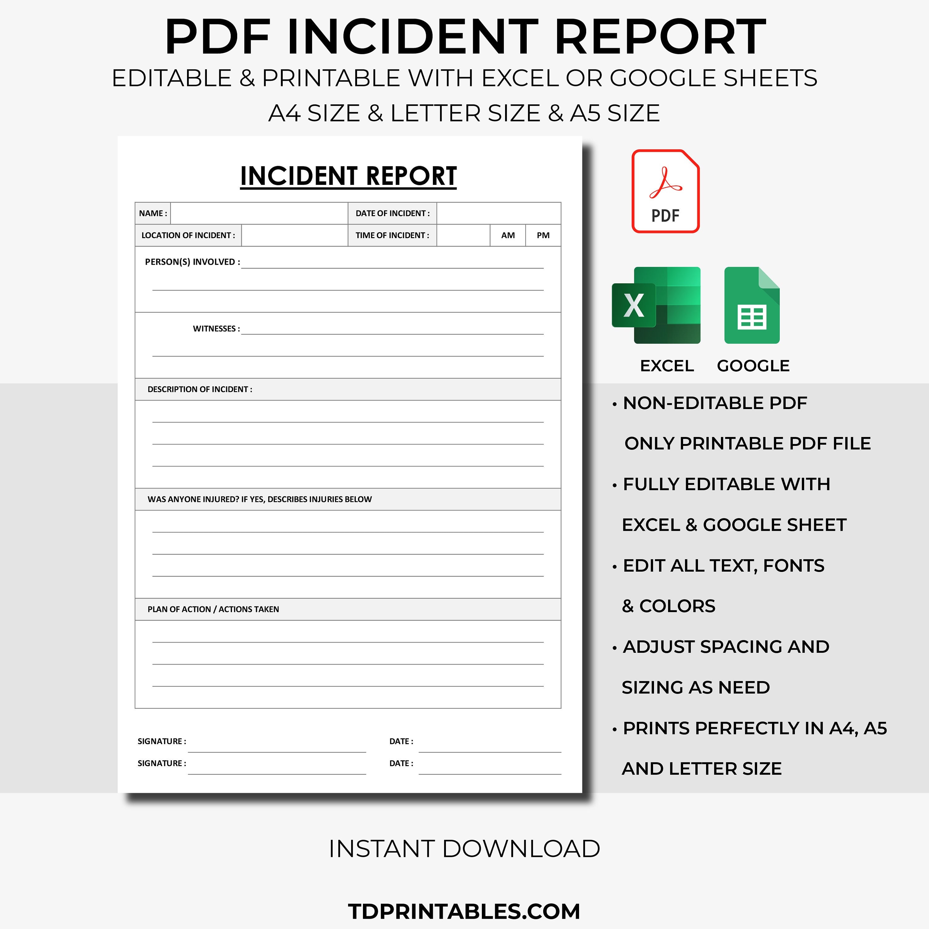 Printable Incident Report, Business Report,incident Log Sheet Report ...