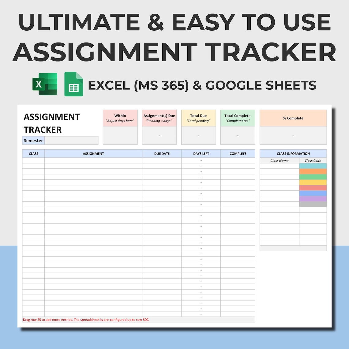 Assignment Tracker, School Spreadsheet, Excel 365 Google Sheets ...