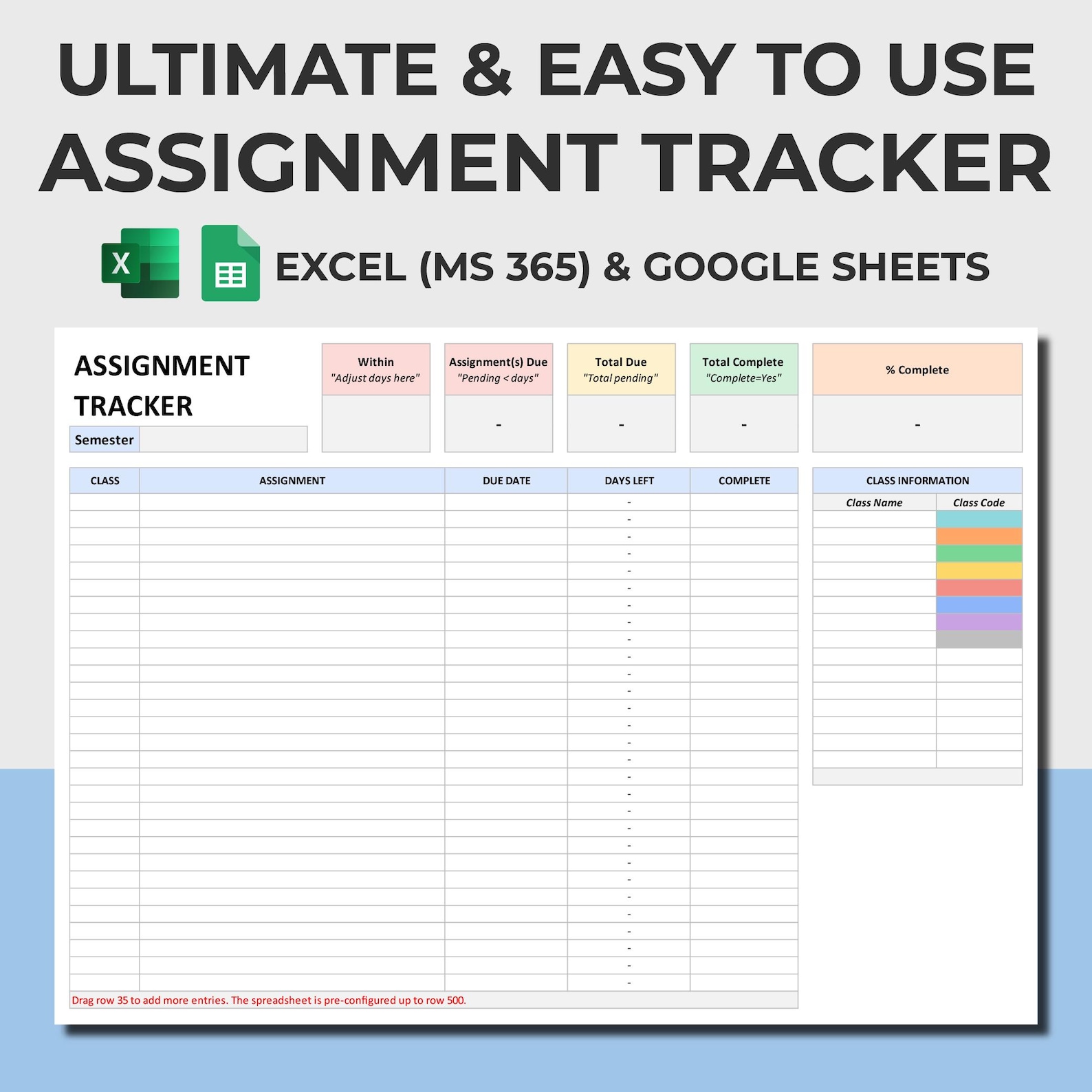 Assignment Tracker, School Spreadsheet, Excel 365 Google Sheets ...