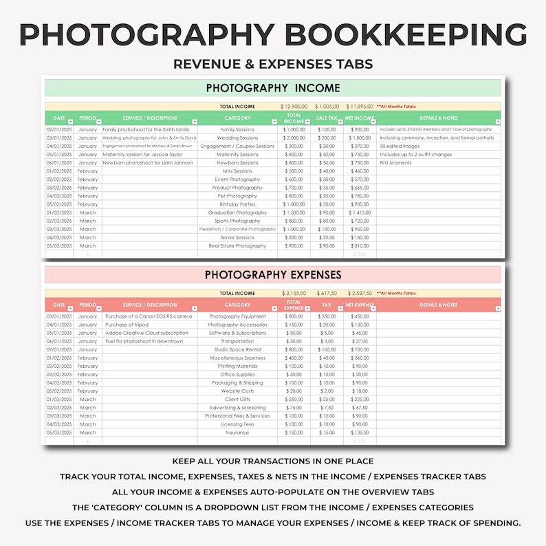 Photography Bookkeeping Spreadsheet | Photography Income & Expense ...