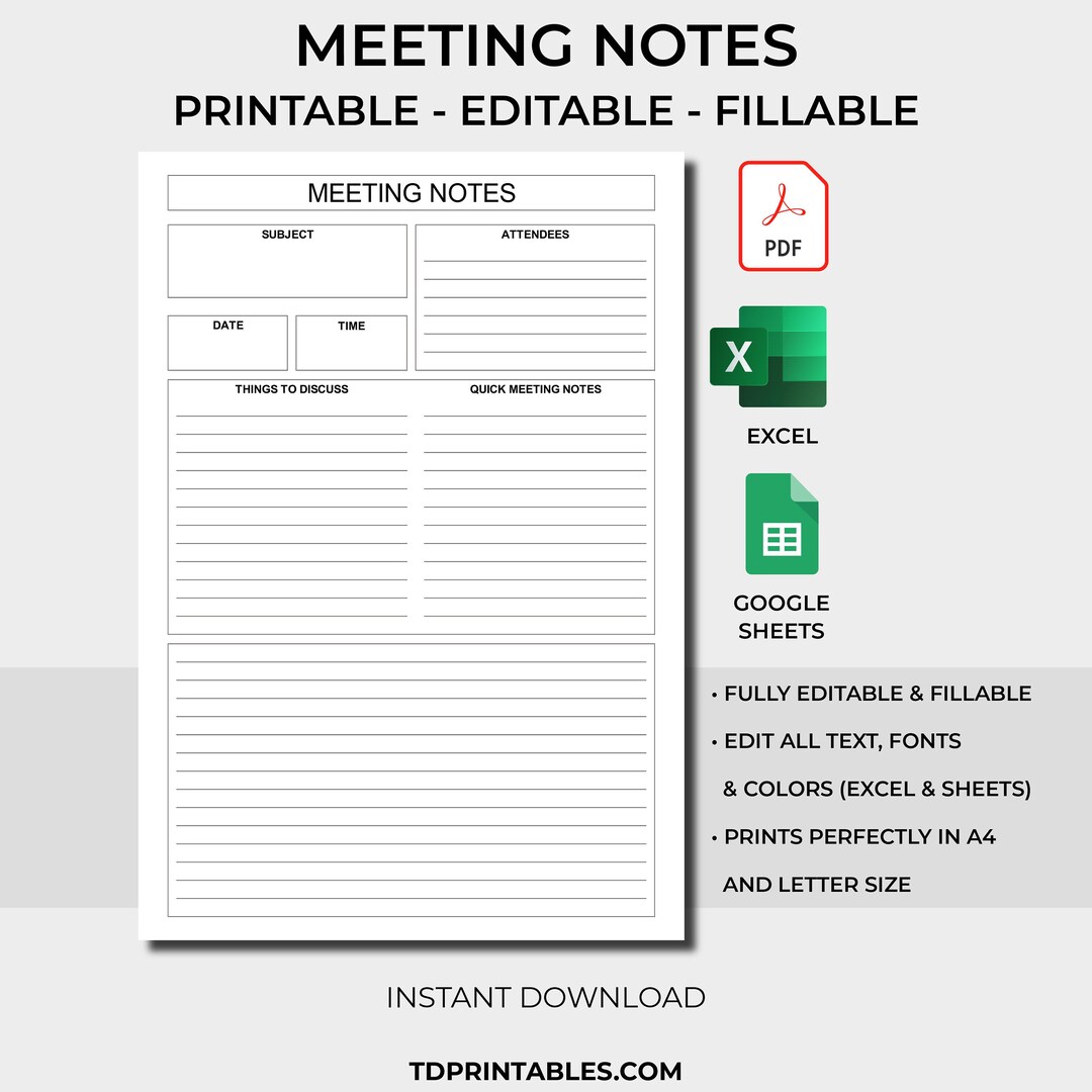 Meeting Notes Printable Template,meeting Minutes,meeting Agenda ...