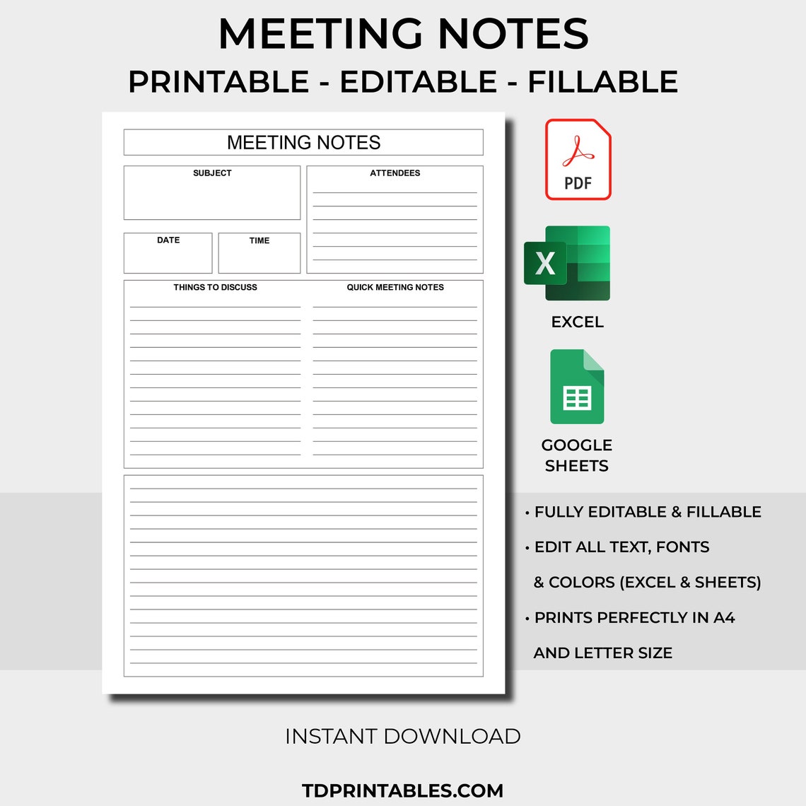 Meeting Notes Printable Template,meeting Minutes,meeting Agenda ...