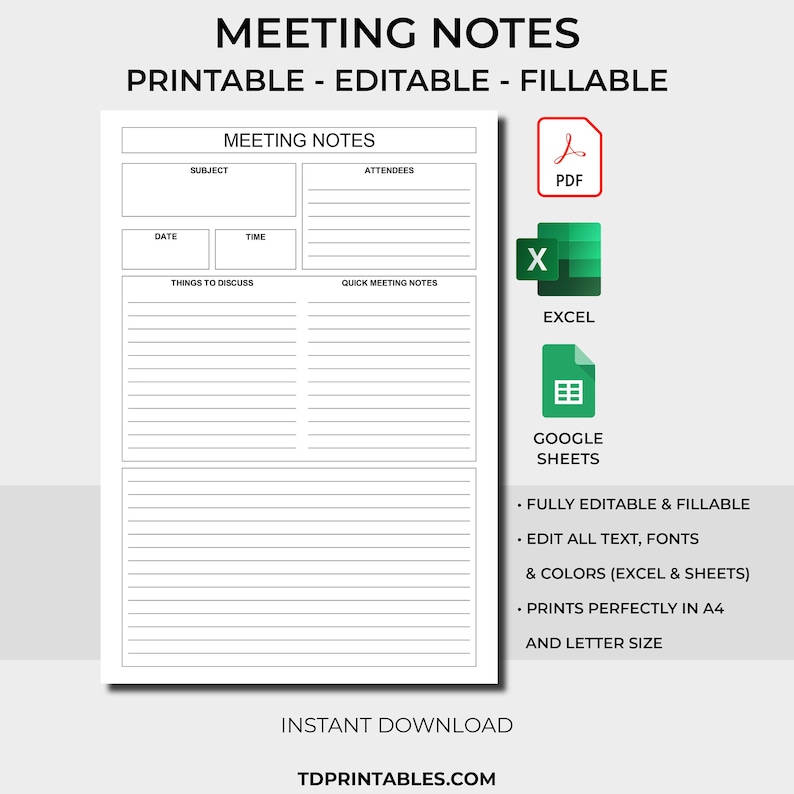 Meeting Notes Printable Template,meeting Minutes,meeting Agenda ...