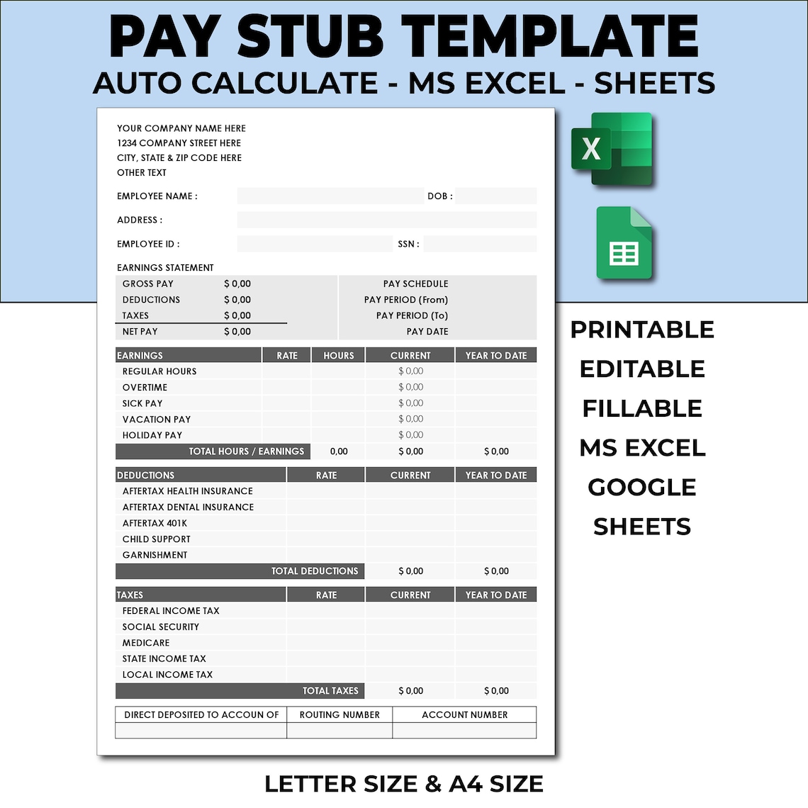 Employee Pay Stub Spreadsheet Template. Excel & Google Sheet Paycheck ...