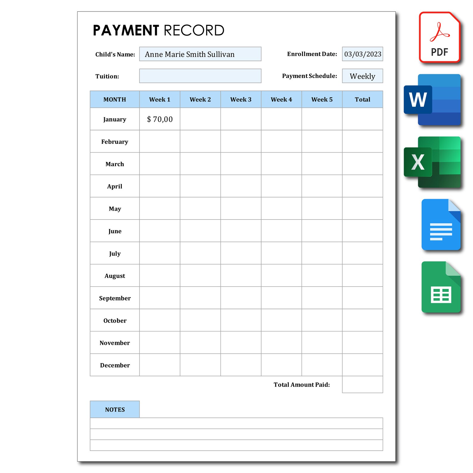 Child Care Payment Record. Printable Payment Record for Child Care ...