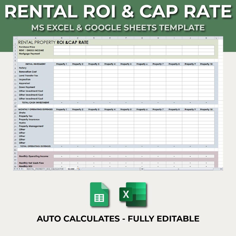 Rental Property ROI Cap Rate Spreadsheet Calculator Template. Rental ...