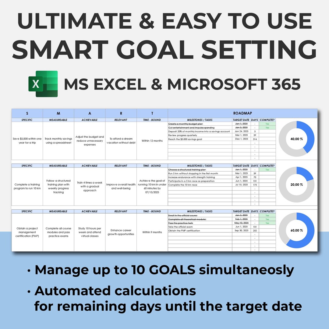 SMART Goal Setting Template EXCEL 365 Spreadsheet, Goal Planner ...
