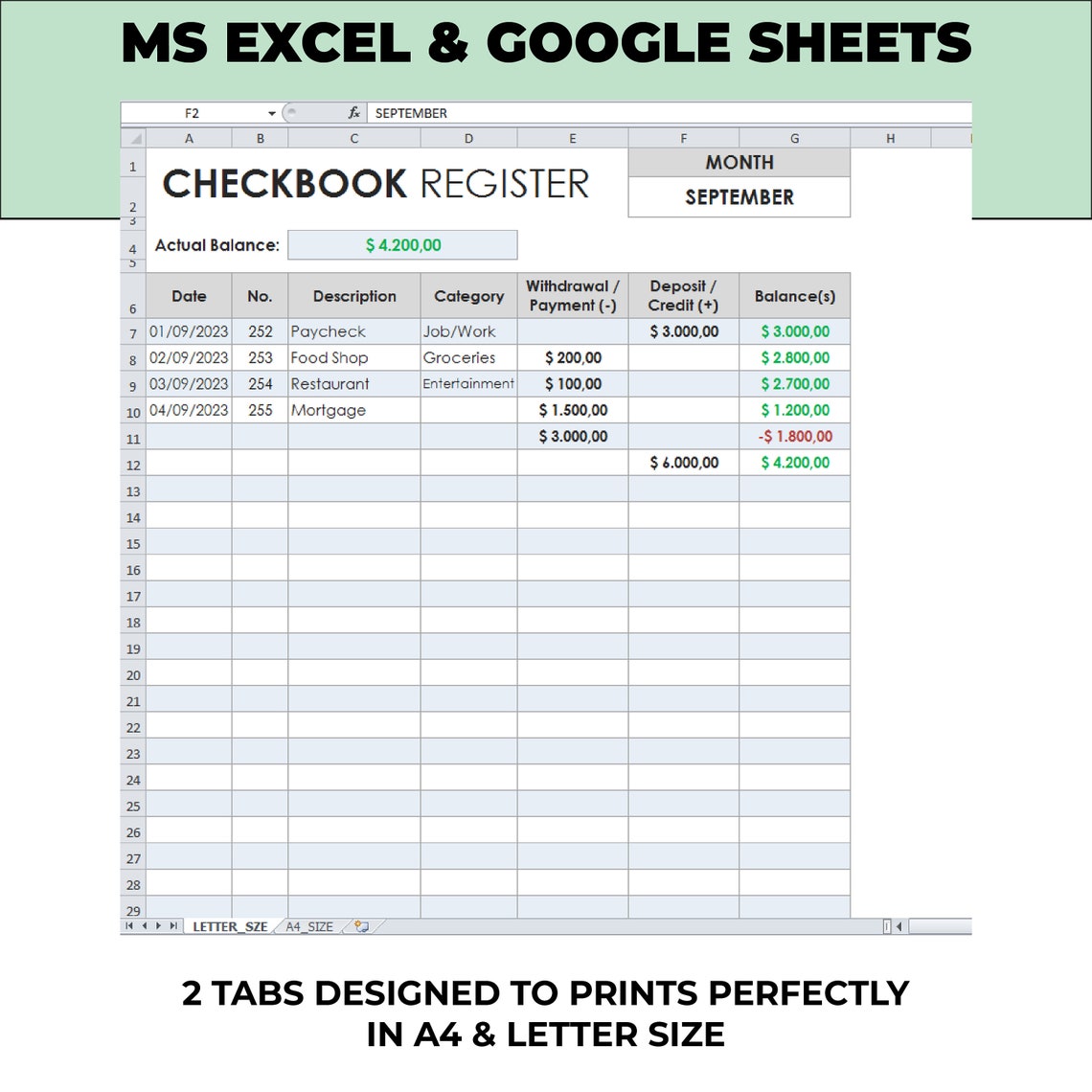 Checkbook Register Excel Spreadsheet Template. Excel Checkbook Register ...