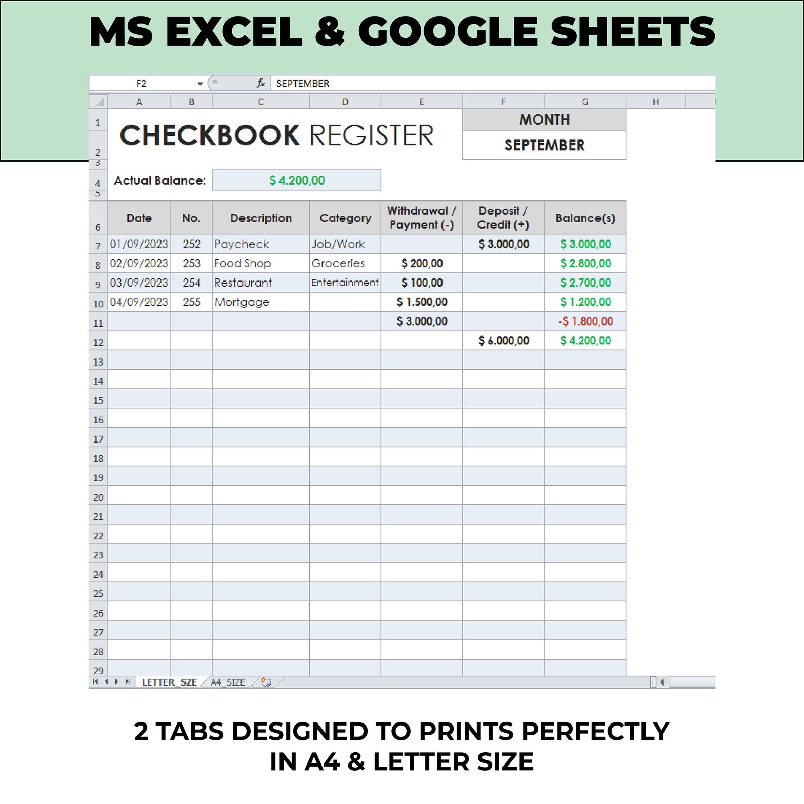 Checkbook Register Excel Spreadsheet Template. Excel Checkbook Register ...