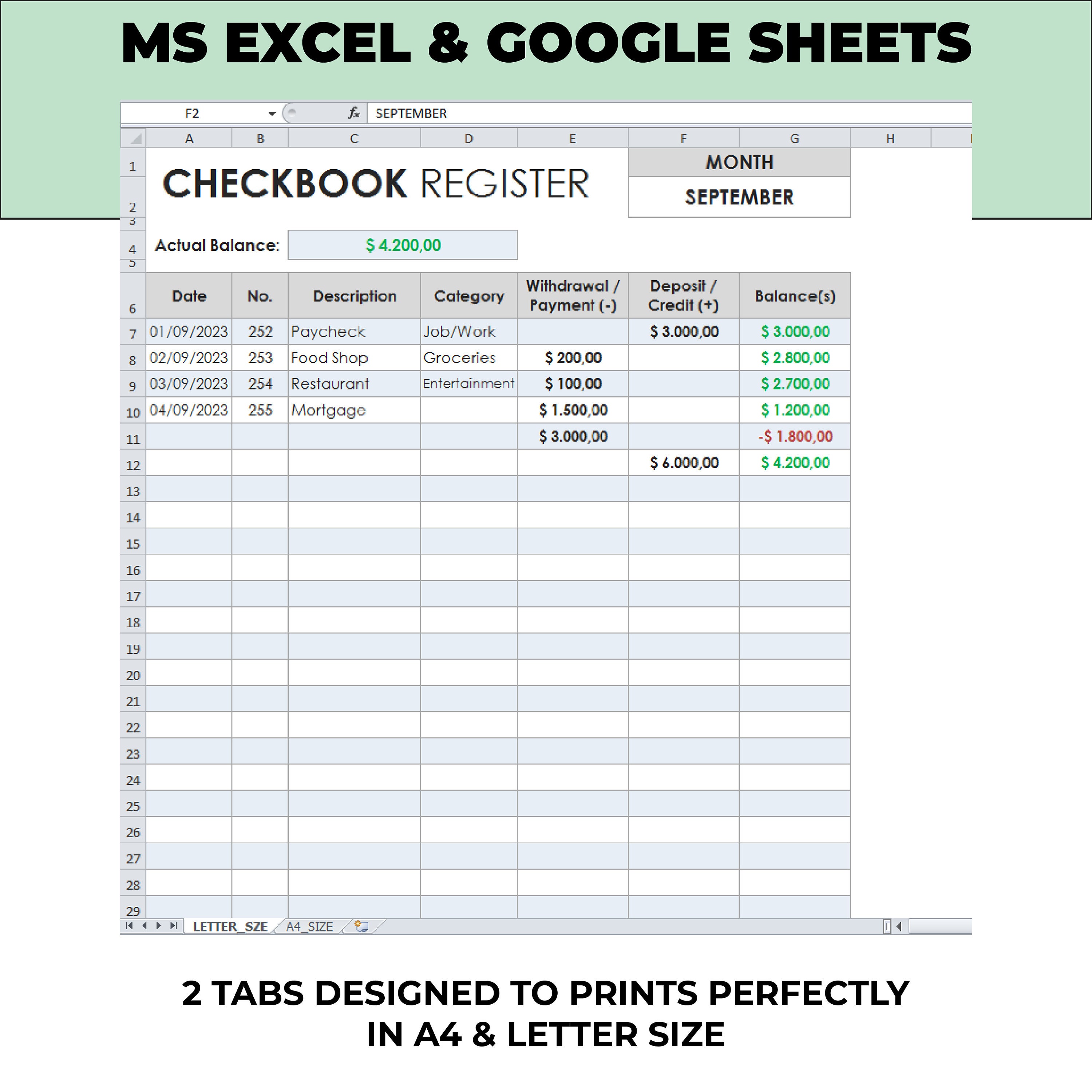 Checkbook Register Excel Spreadsheet Template. Excel Checkbook Register ...
