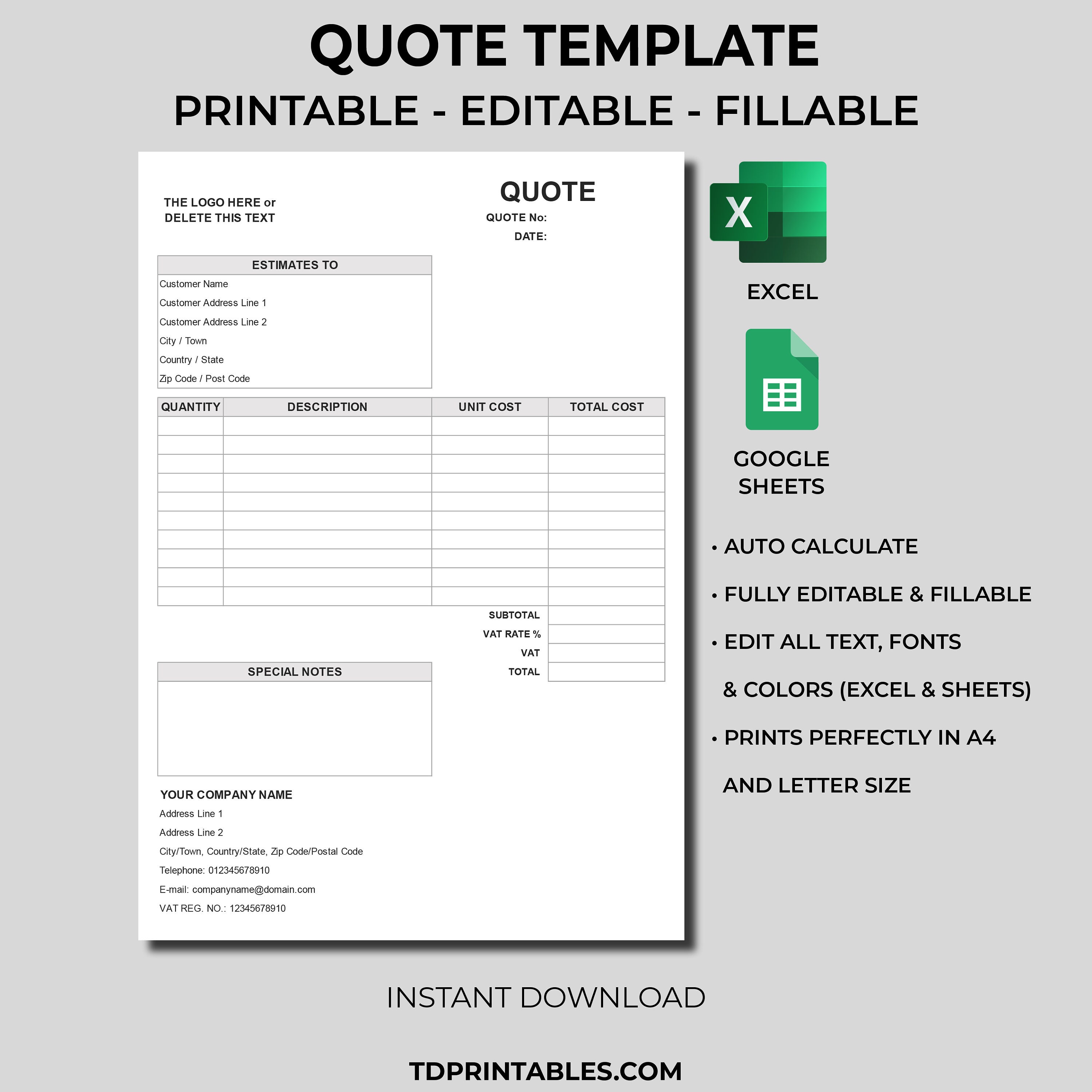 Quote Template. Simple Quote. Estimates Template. Quotation Form. Excel ...