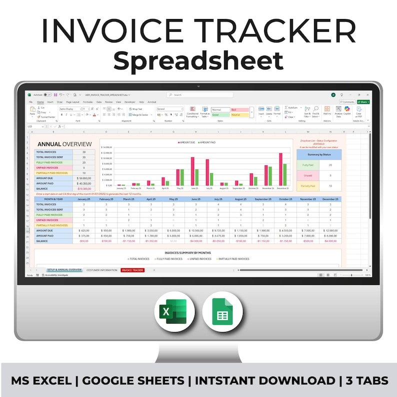 Invoice & Payment Tracker Spreadsheet, Excel Invoice Tracker Template ...