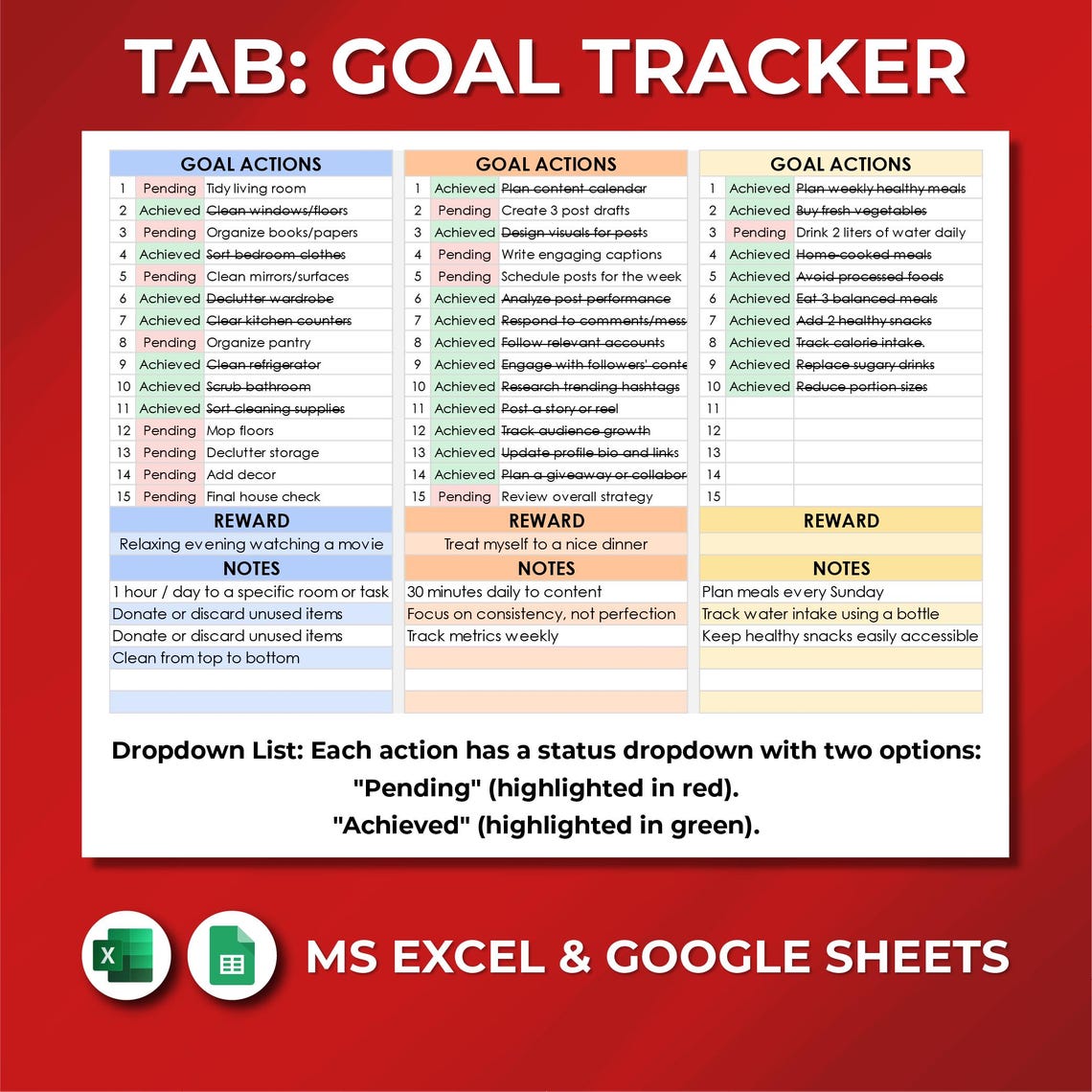 Goal Tracking Template. Excel & Google Sheets. Goal Achievement ...