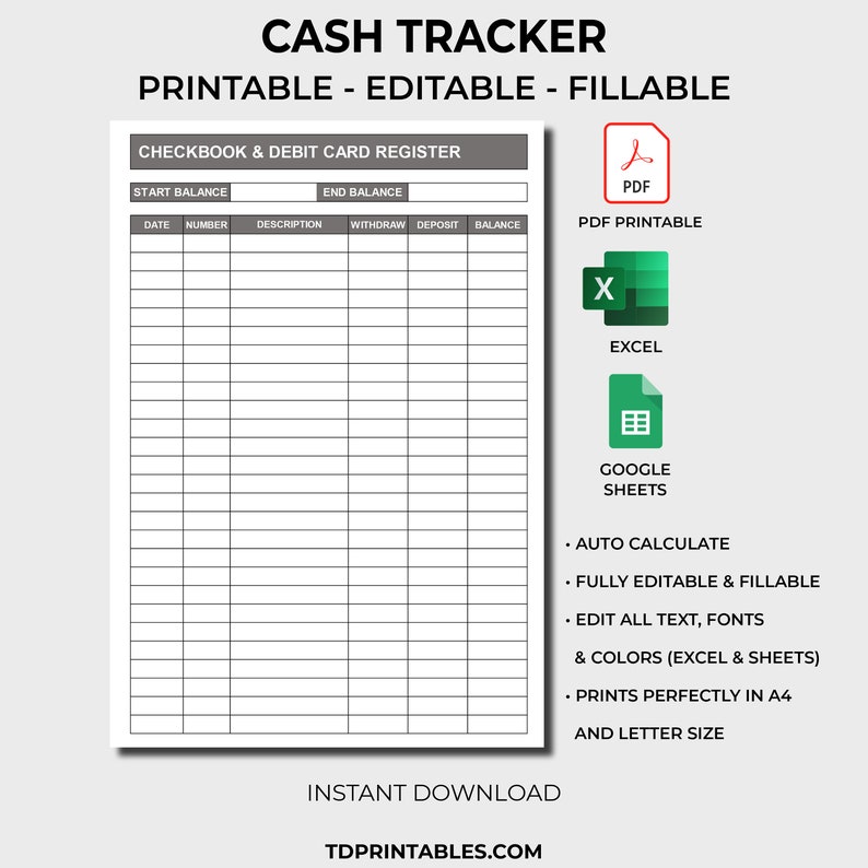 PDF Printable Checkbook & Debit Card Register. Income Expenses Tracker ...