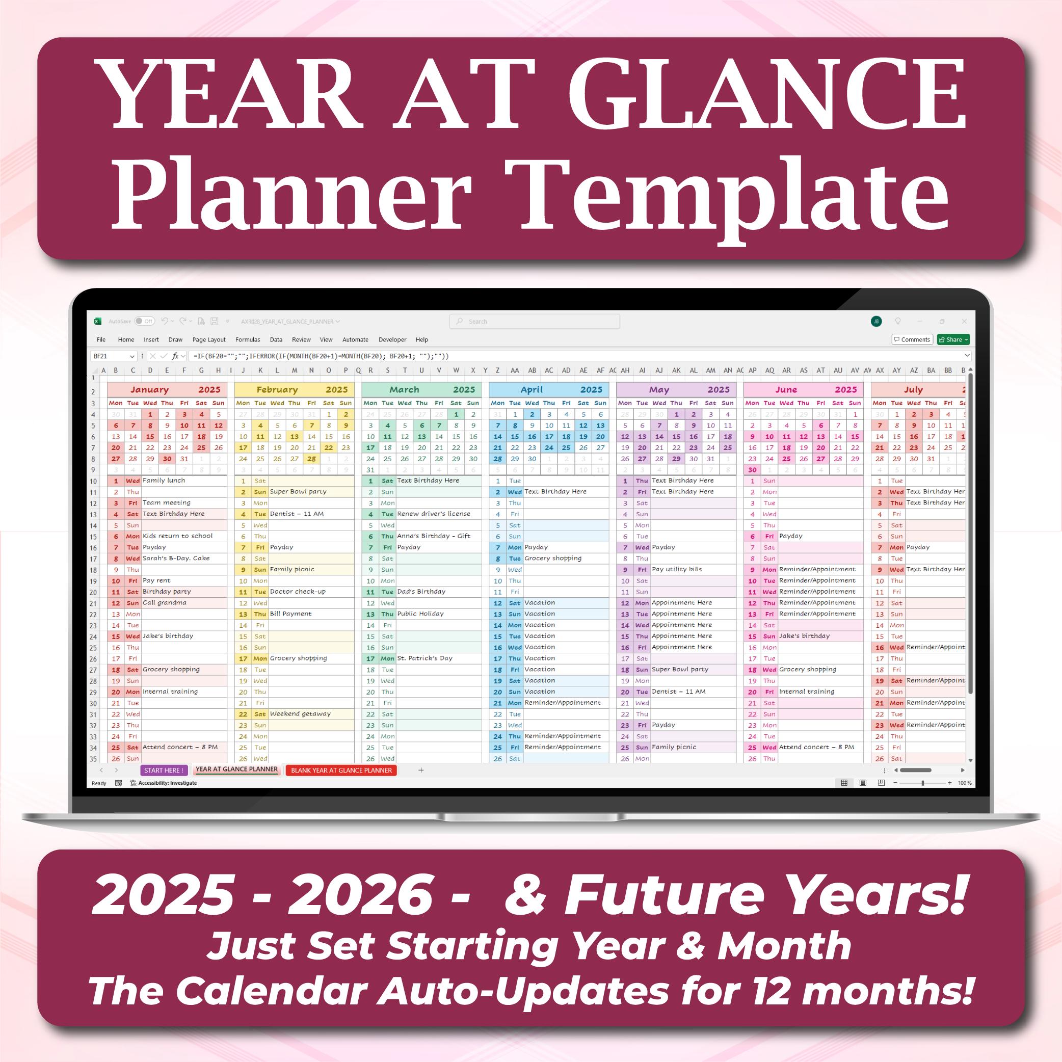Year at A Glance Planner Excel & Google Sheet Template, 2025 2026 ...