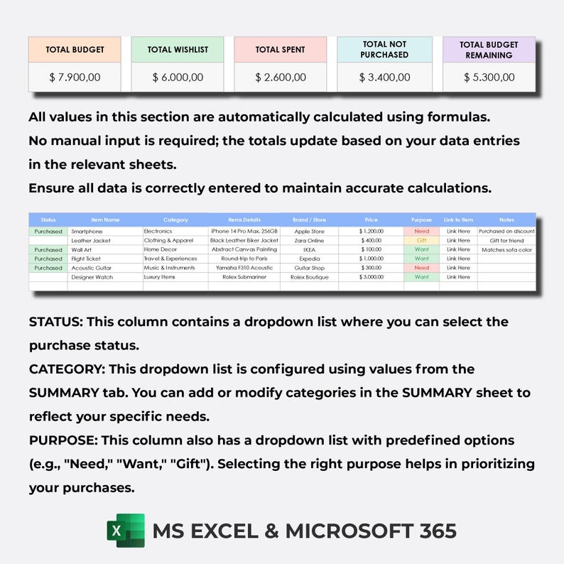 Wishlist & Purchase Tracker Spreadsheet, EXCEL 365 Template, Shop ...