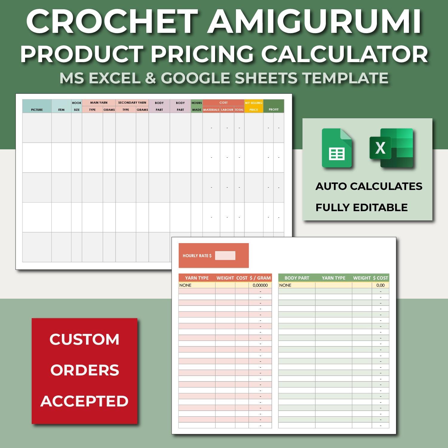 Crochet Amigurumi Pricing Spreadsheet Template. Google Sheets & Excel ...
