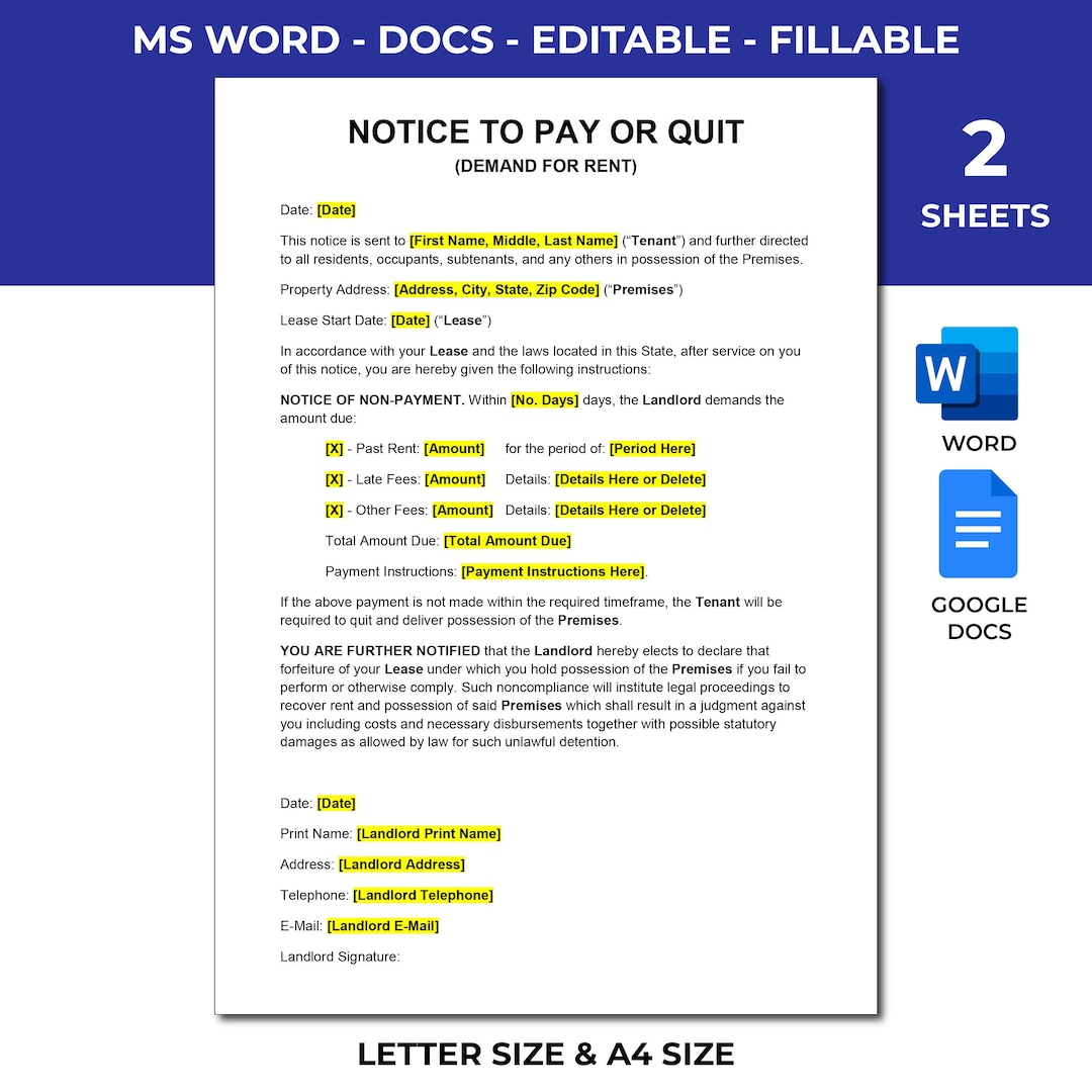 Eviction Notice Template, Rent Payment Reminder Letter, Notice to ...