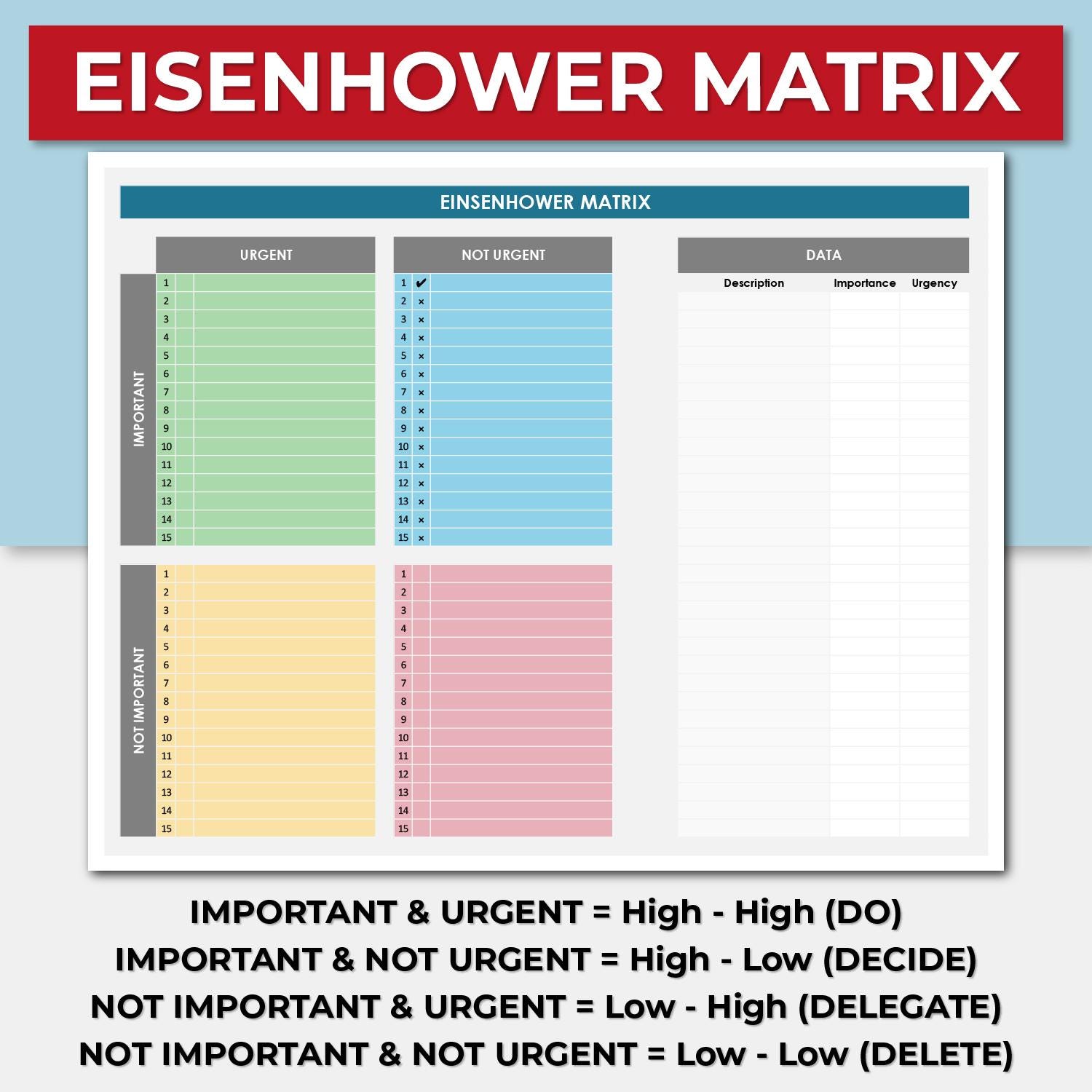 Eisenhower Matrix Spreadsheet Template. Excel Google Sheets. Task ...