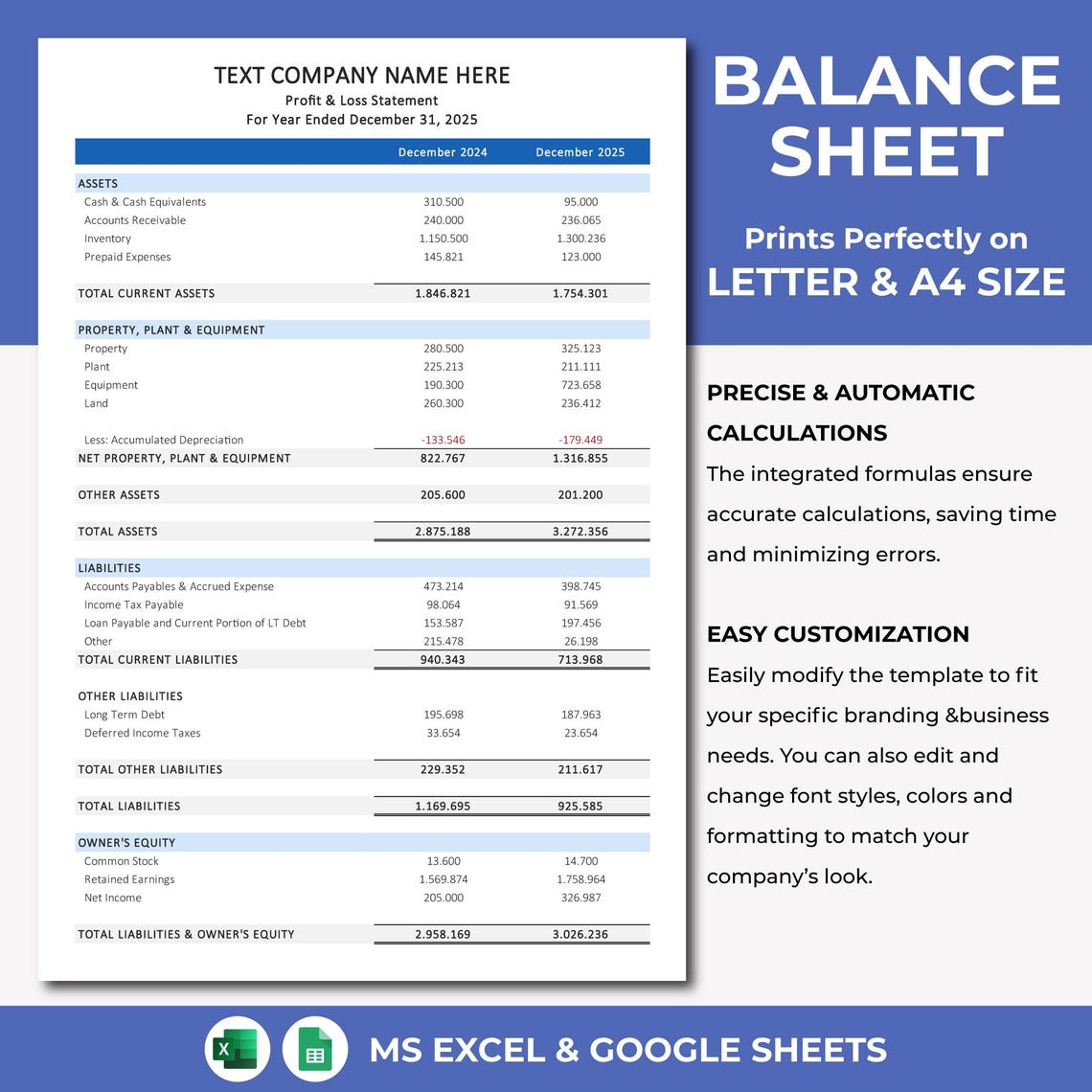 Balance Sheet Editable & Printable, Balance Sheet Template, Balance ...
