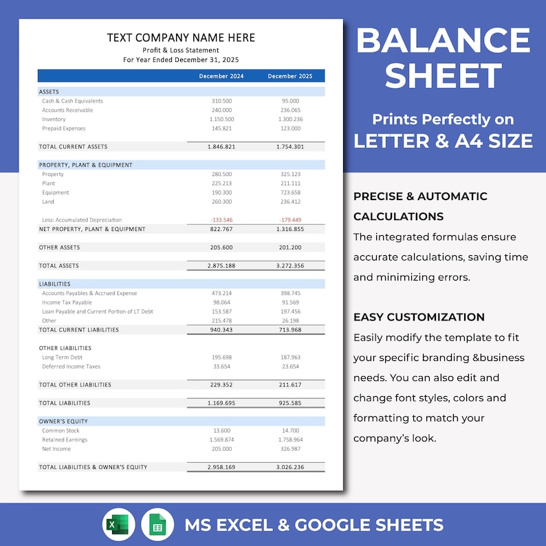 Balance Sheet Editable & Printable, Balance Sheet Template, Balance ...