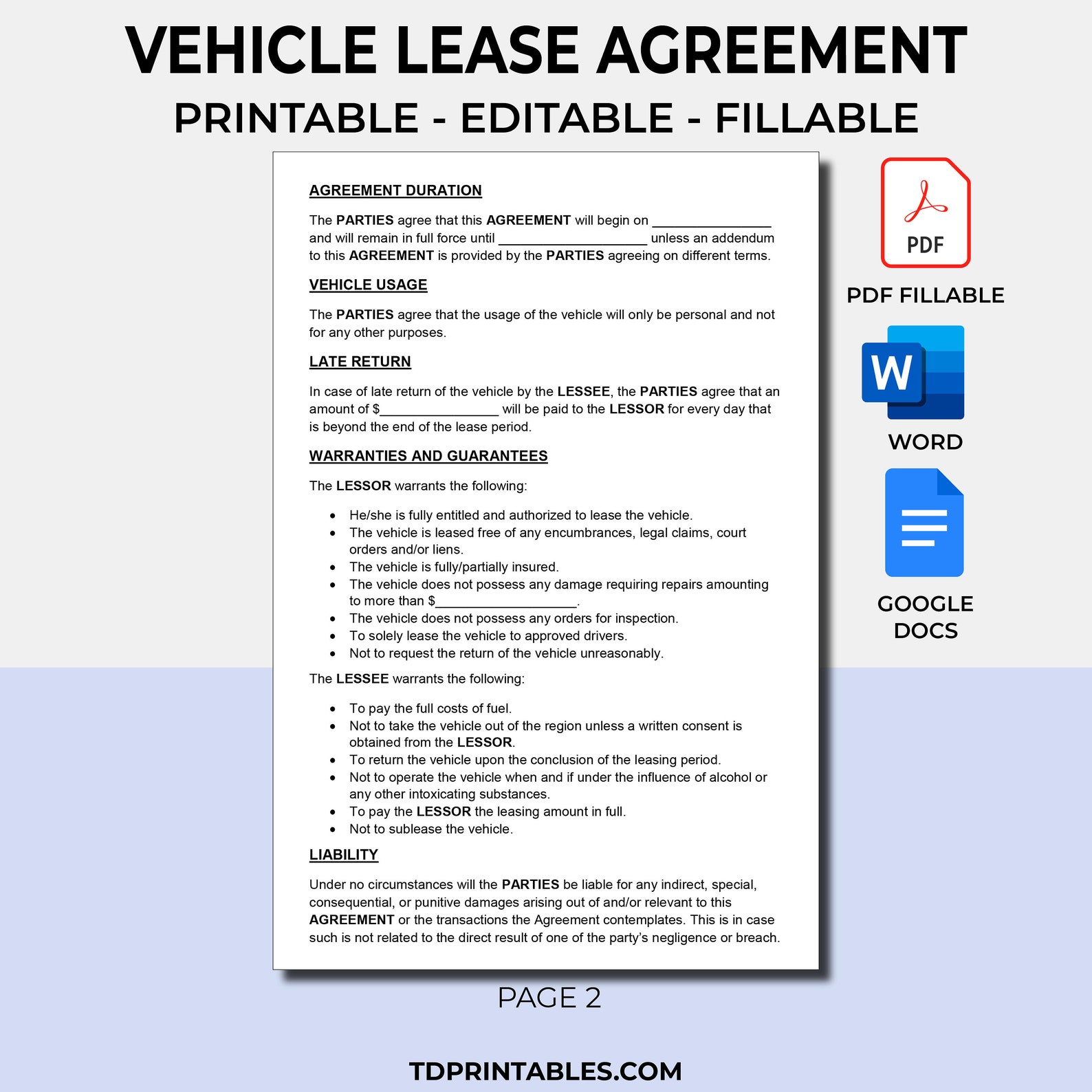 Truck Lease Agreement Template. PDF Fillable & Printable. Editable Ms ...