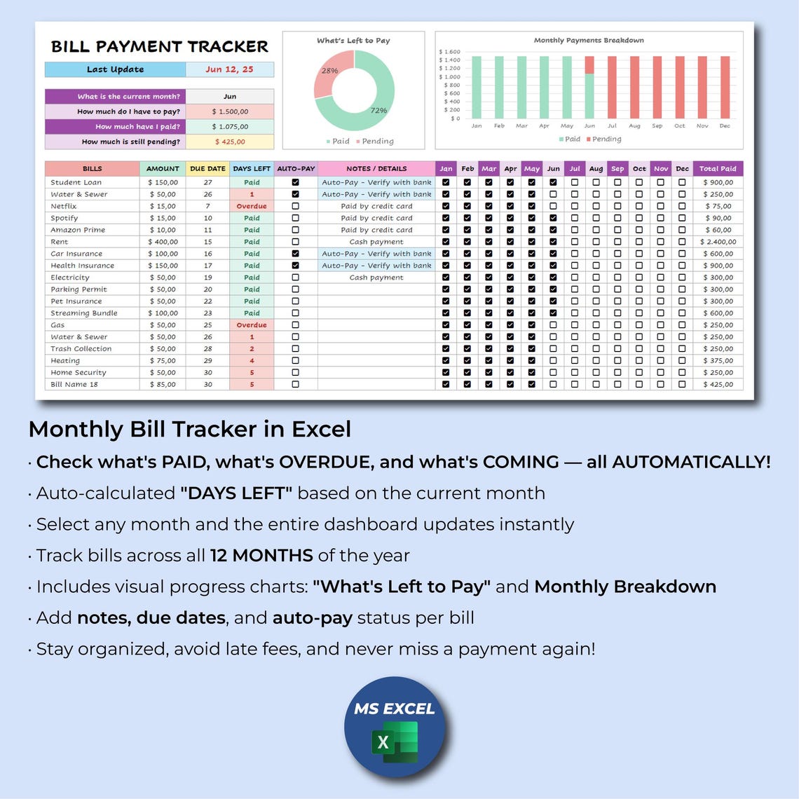 Excel Bill Tracker Template, Monthly Payment Tracking Spreadsheet, Bill ...