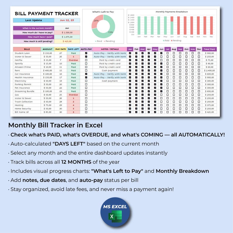 Excel Bill Tracker Template, Monthly Payment Tracking Spreadsheet, Bill ...