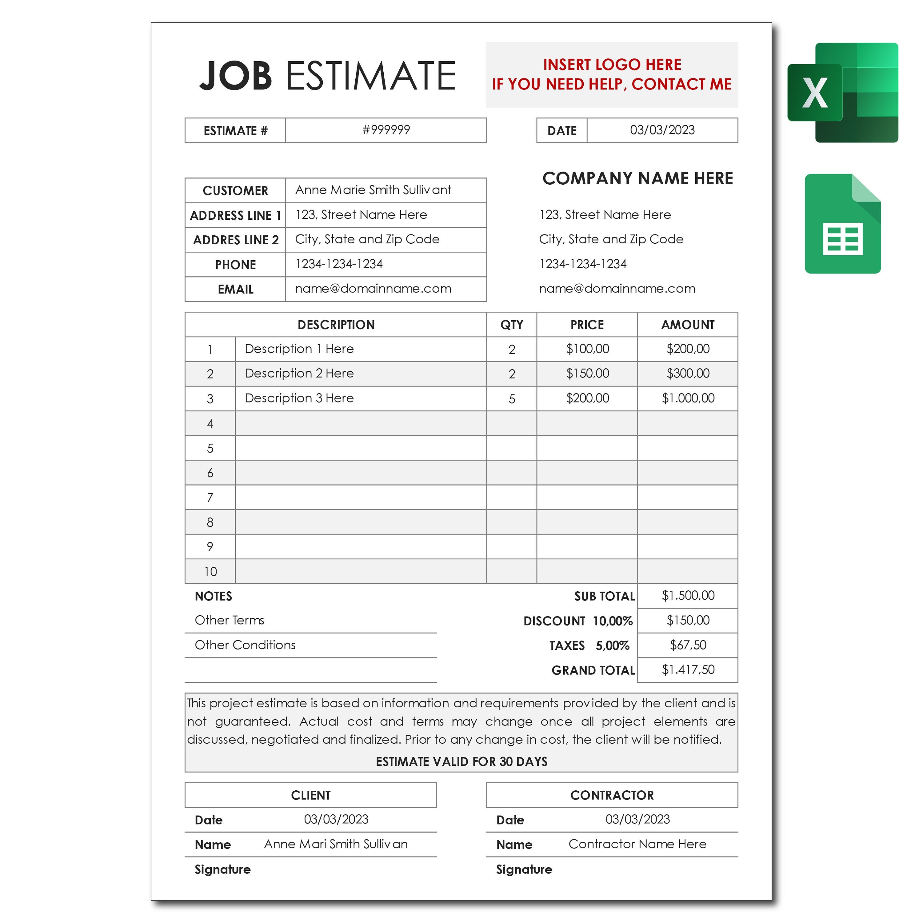 Job Estimate Template. Excel Editable Spreadsheet. Google Sheets ...