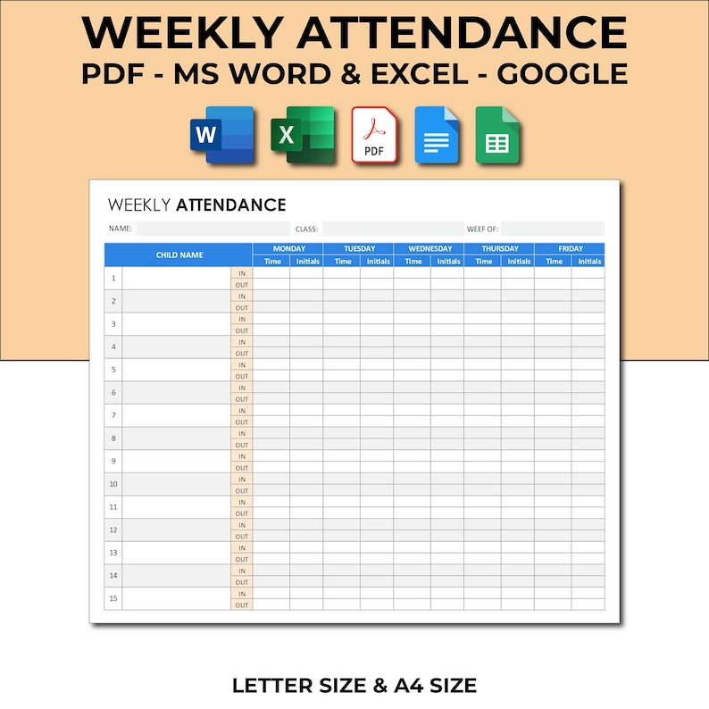 Printable Weekly Attendance Sheet: Daycare, Childcare, Preschool ...